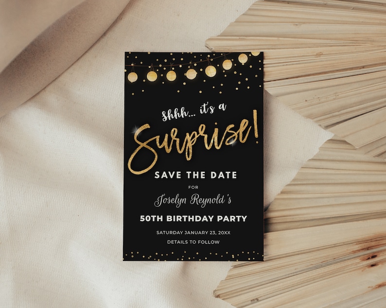 Surprise Birthday Party Save the Date Invitation Black Gold Glitter ...