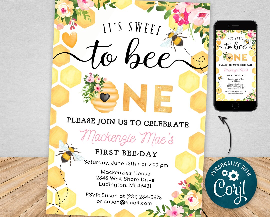 Editable Bee Birthday Party Invitation, 1st Birthday Invitation, Honey ...