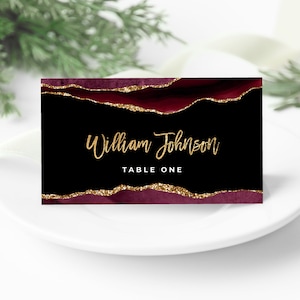 Burgundy Red and Gold Place Card Template - Editable Tent Card Template ...
