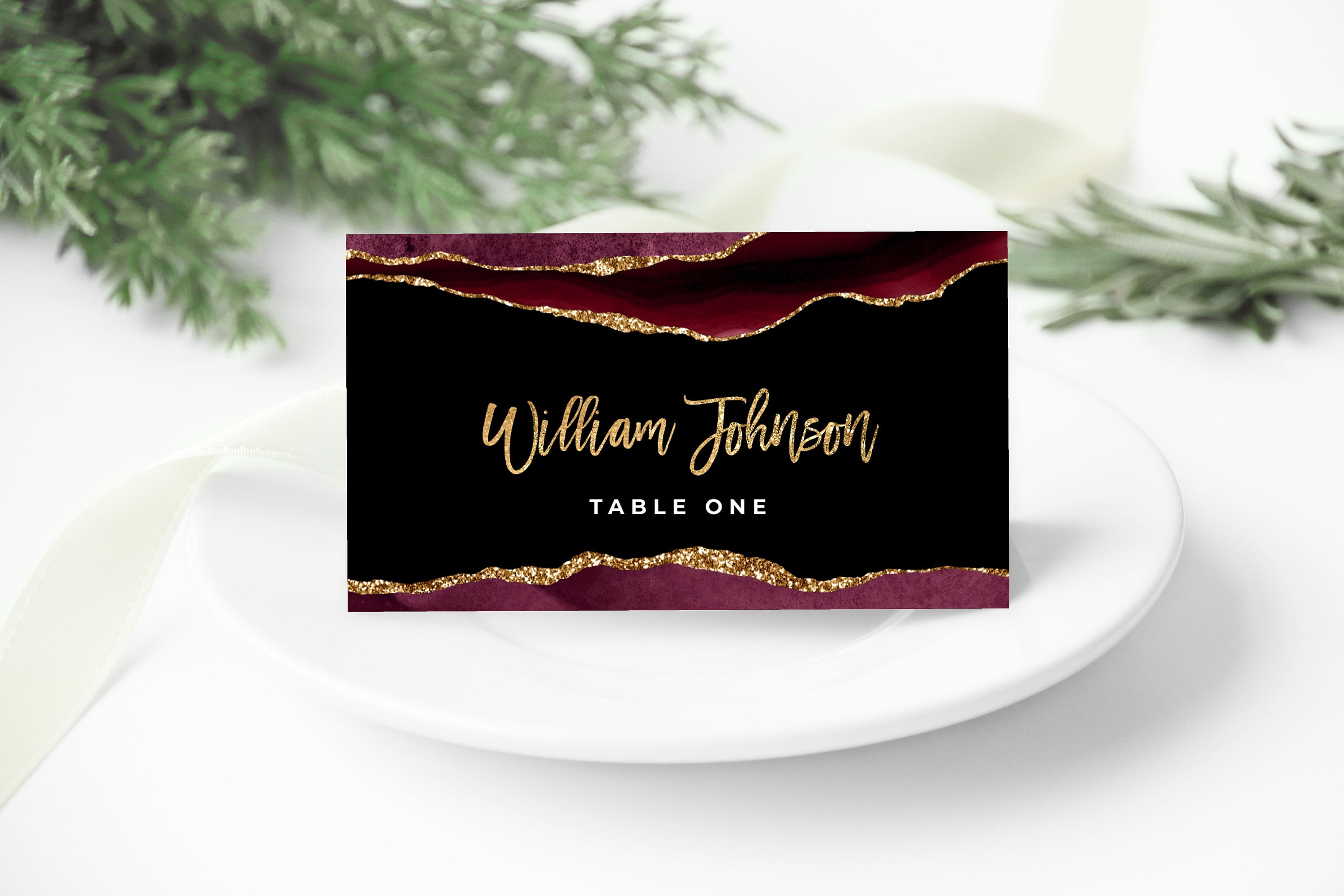 Burgundy Red and Gold Place Card Template - Editable Tent Card Template ...