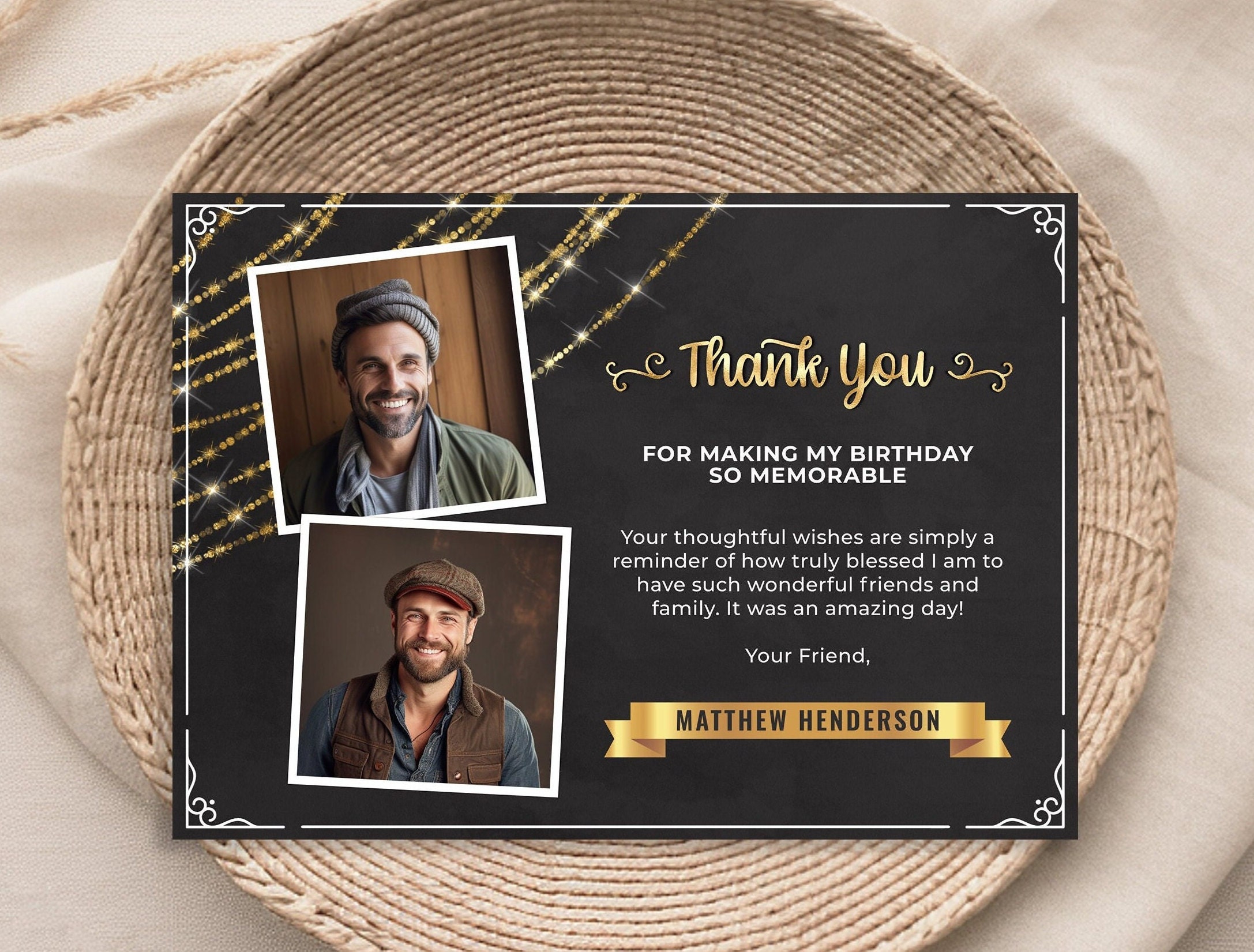 Birthday Thank You Card Editable Template - Black Gold Digital- 5x7 ...