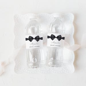 Editable Black Bow Water Bottle Label Template - She's Tying the Knot ...