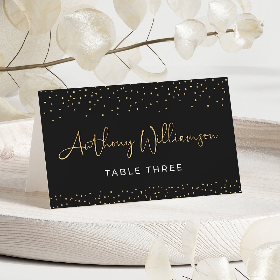 Black and Gold Place Card Template - Editable Tent Card Template ...