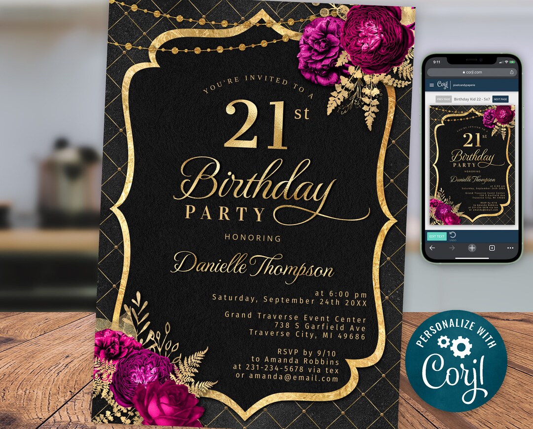 21st Birthday Invitation Template Elegant Invite Black With Magenta ...