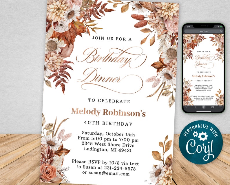 Autumn Birthday Invitation Fall Birthday Dinner Invite - Etsy