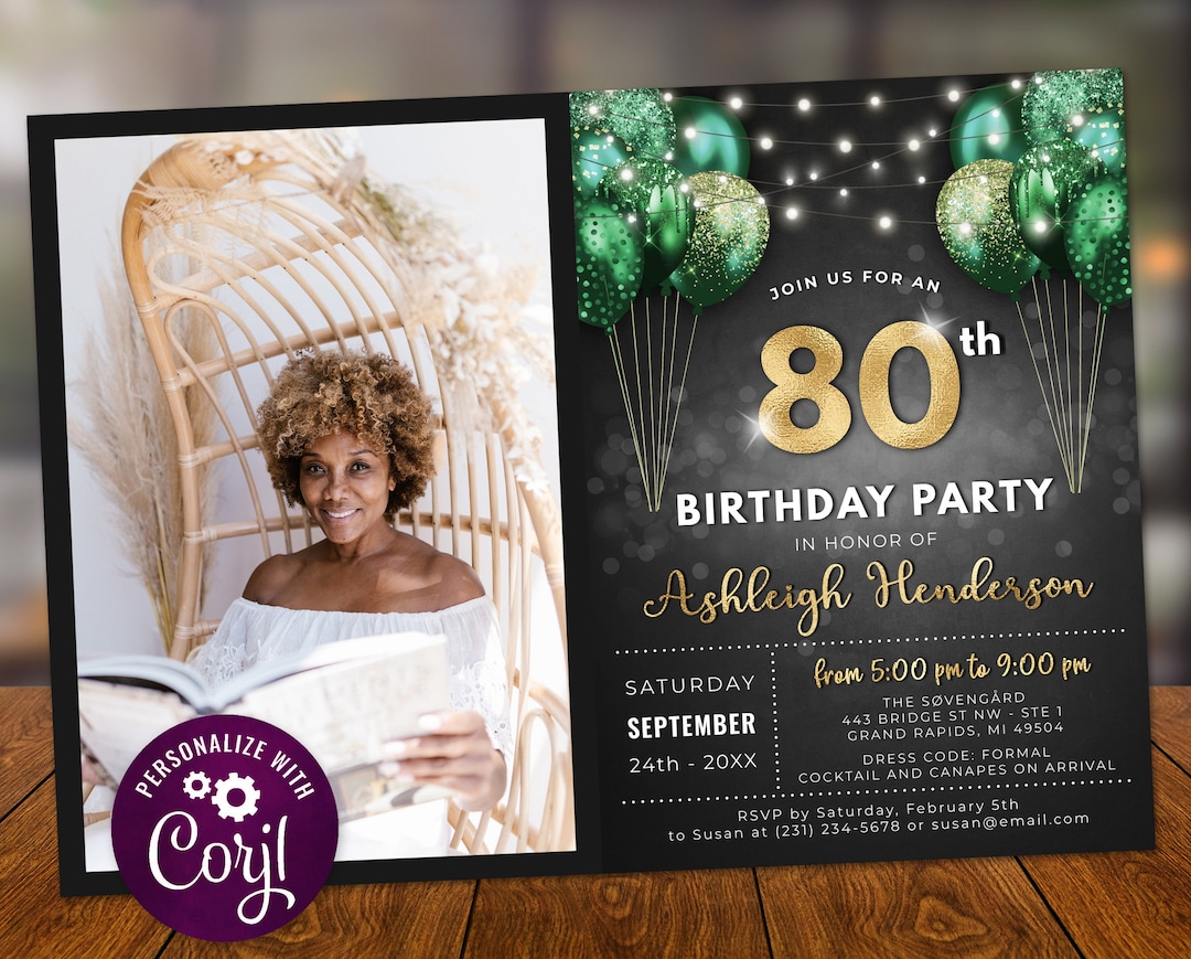 Emerald Green 80th Birthday Invitation With Photo, Party Glitter ...