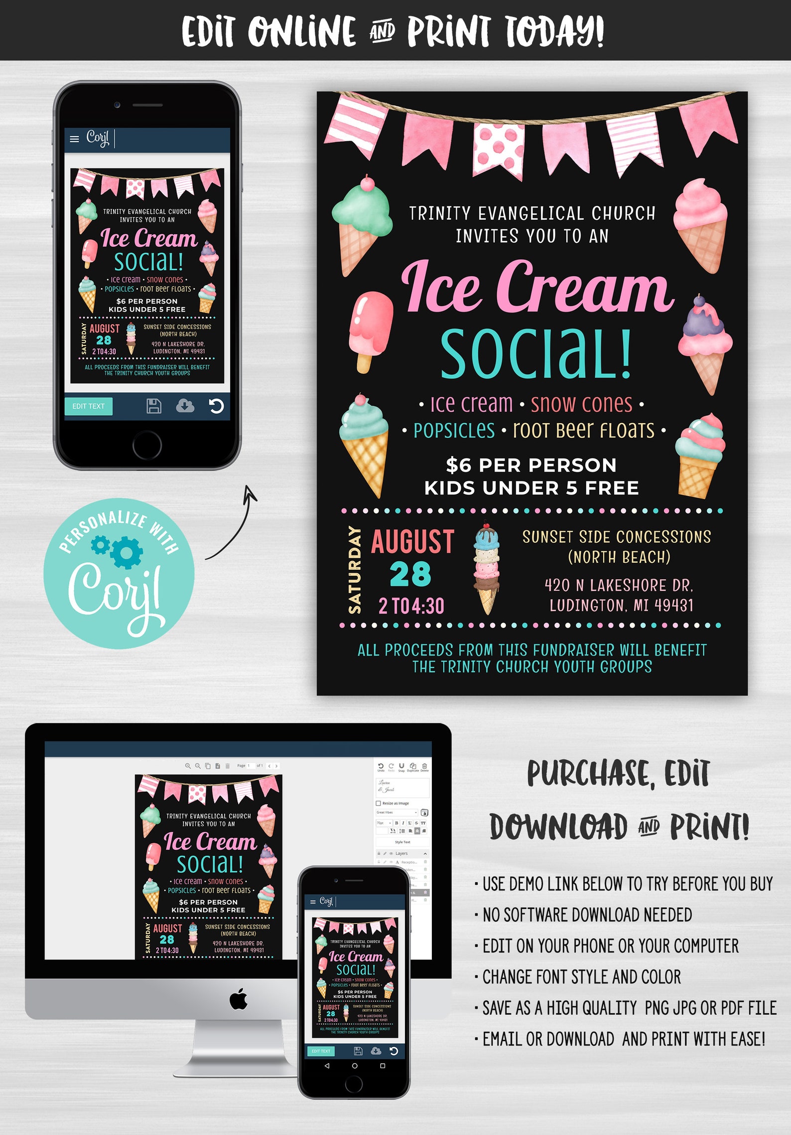 Ice Cream Social Invitation and Flyer Template Ice Cream | Etsy