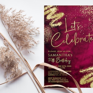 Maroon Red and Gold Birthday Party Invitation Template Digital Instant ...