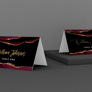 Burgundy Red and Gold Place Card Template - Editable Tent Card Template ...