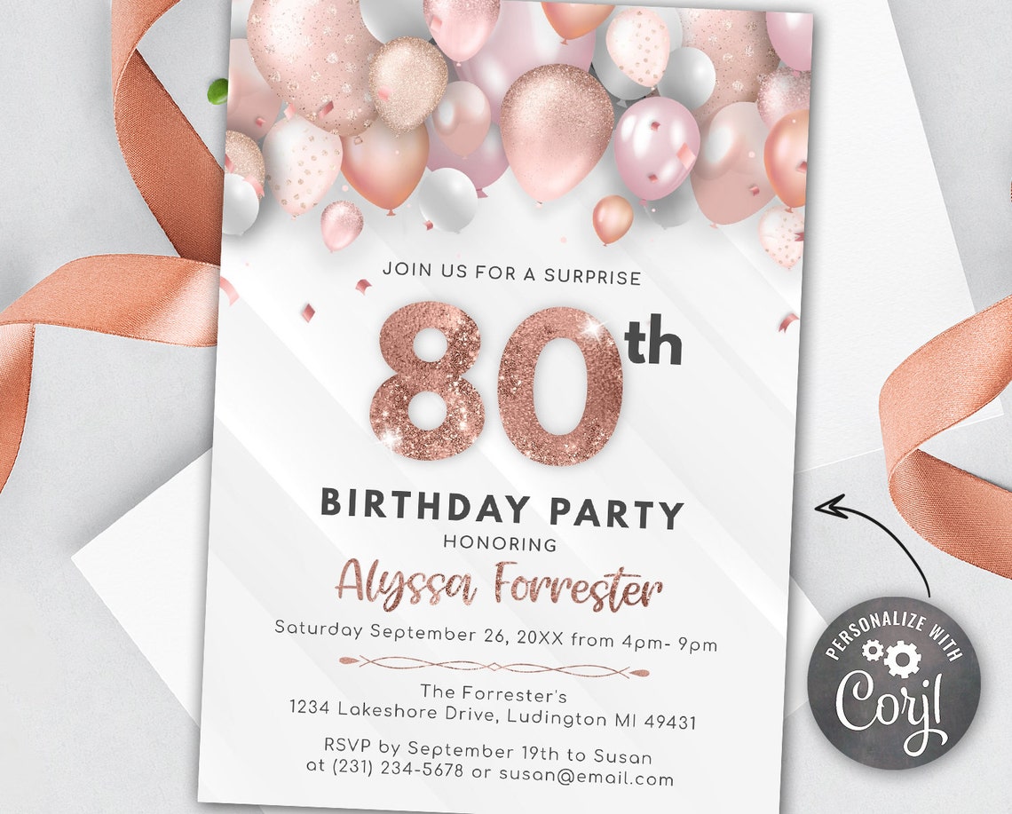 Rose Gold 80th Birthday Invitation Adult Eighty Invite Etsy Uk