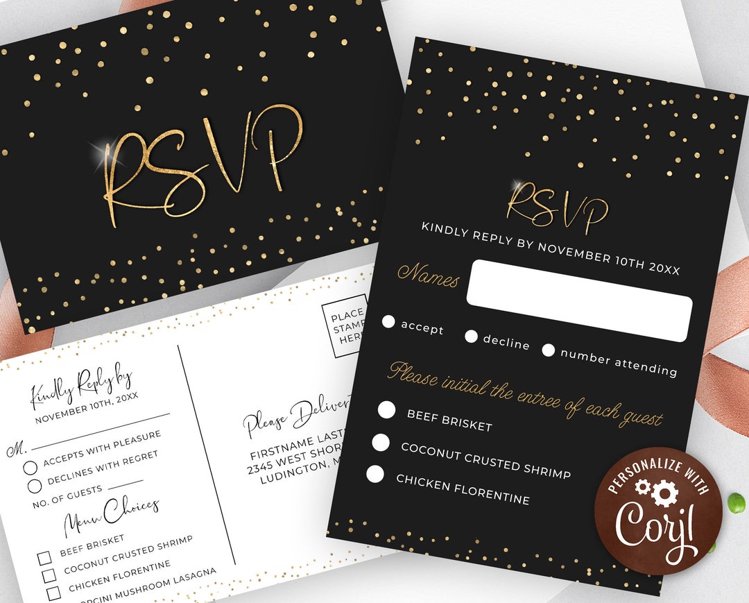 Black & Gold RSVP Card Template Response Card Template With Post Card ...