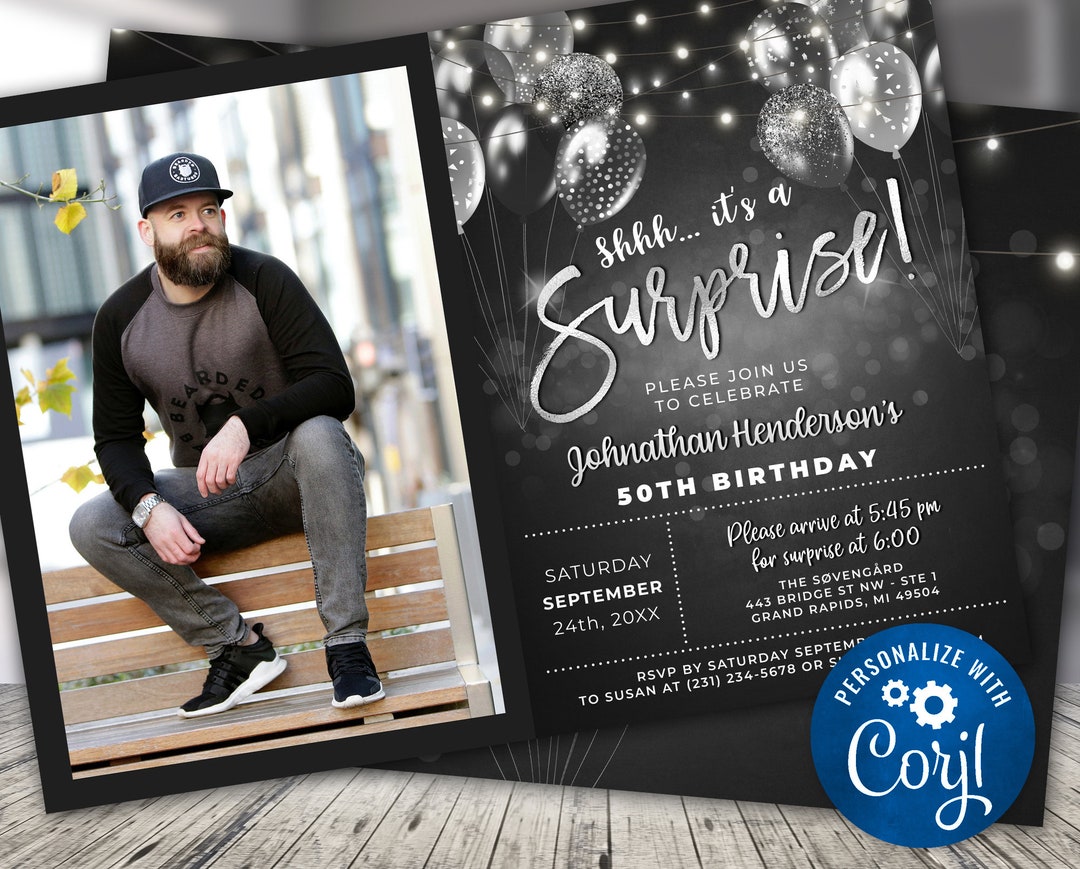 Black and Silver Surprise Birthday Photo Invitation - Any Age - Silver ...