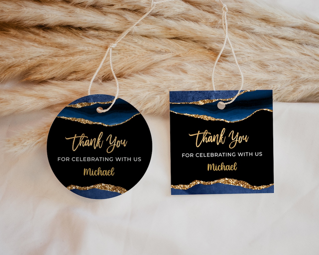 Blue and Gold Favor Tag Template - Gift Tag Template, Glitter Sparkle ...