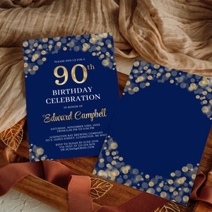 Navy Blue and Gold 90th Birthday Party Invitation Template Digital ...