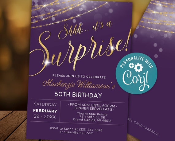 Templates Paper & Party Supplies Instant Download Purple Gold Glitter ...