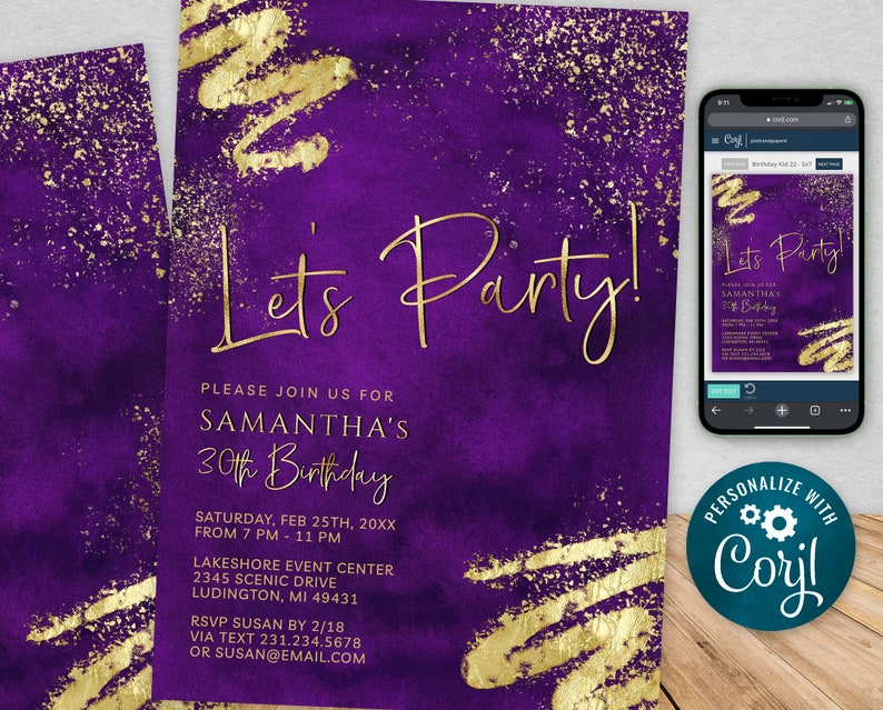 Luxury Purple and Gold Birthday Party Invitation Template - Etsy