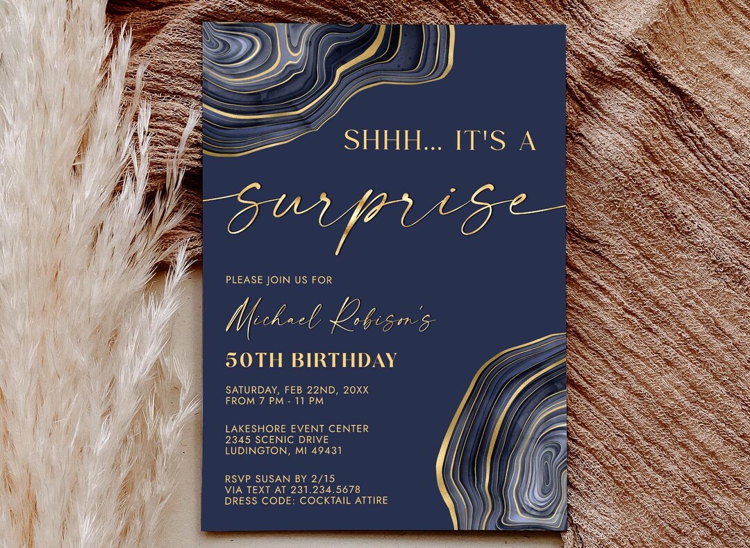 Navy Blue and Gold Surprise Birthday Invitation Template - Elegant ...