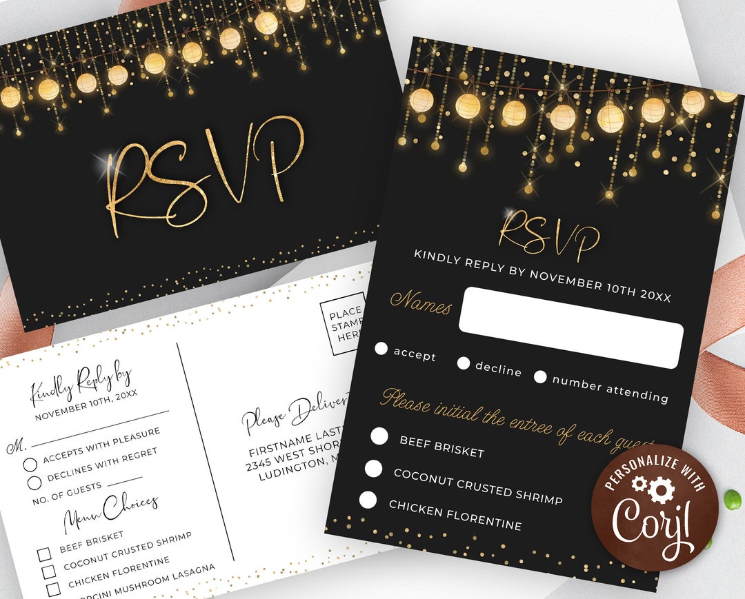 Black & Gold RSVP Card Template Response Card Template With - Etsy