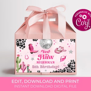 Editable Space Cowgirl Birthday Party Gable Box Label Template - Pink ...
