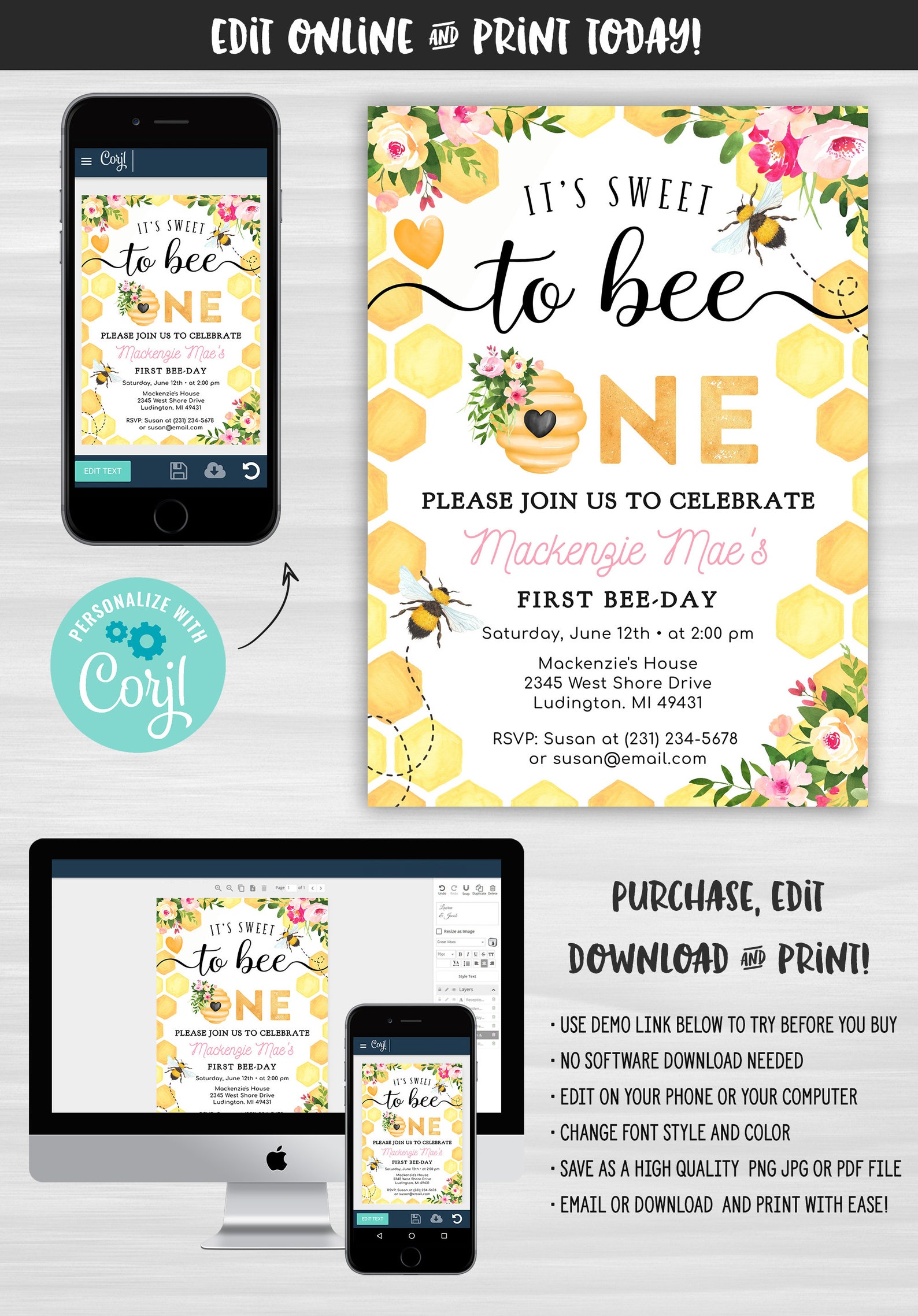 Editable Bee Birthday Party Invitation 1st Birthday | Etsy
