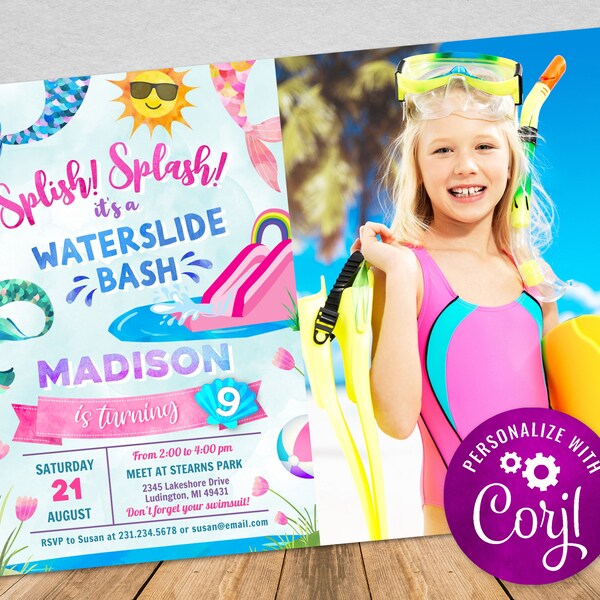 Mermaid Splash Waterslide Birthday Photo Invitation Digital & Printable ...
