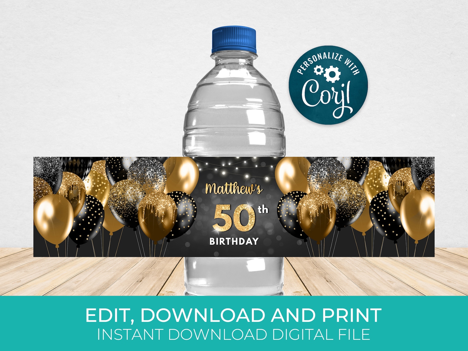Black & Gold Water Bottle Label Template, Water Wrappers, Birthday ...