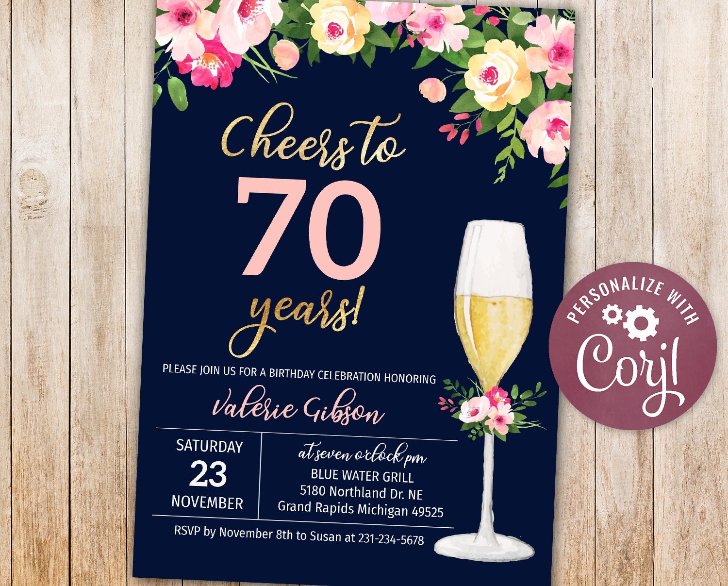 70th Birthday Invitations Cheers To 70 Years Birthday Party Etsy