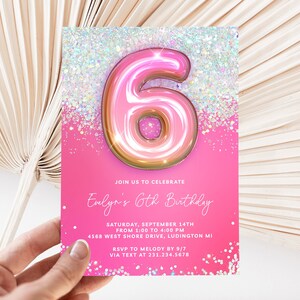 Editable Pink 6th Birthday Invitation Template Pink Glitter Birthday ...