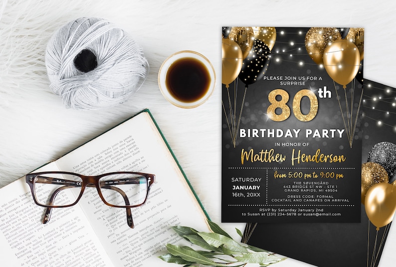 80th Birthday Invitation Eighty Party Black Gold Glitter Etsy
