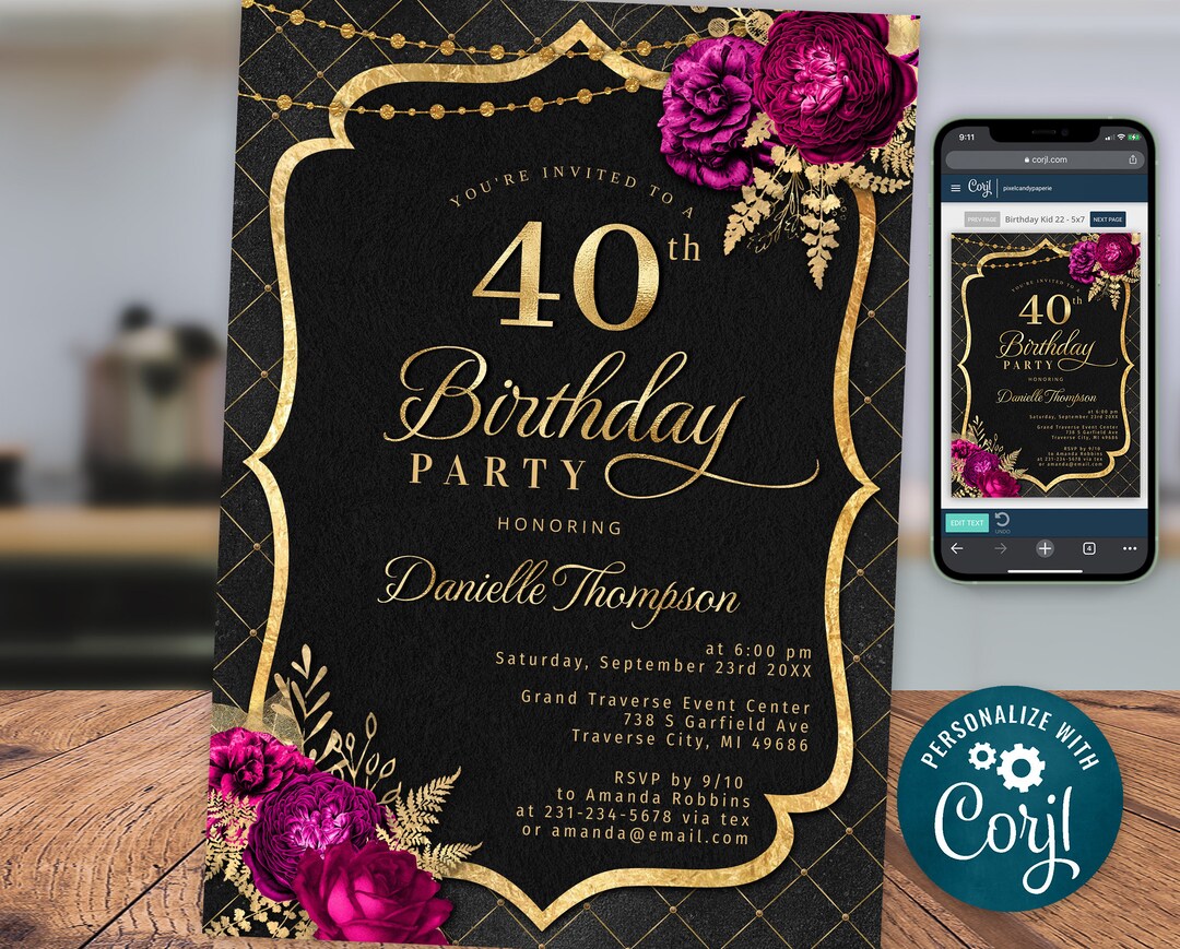 40th Birthday Invitation Template - Elegant Invite - Black With Magenta ...