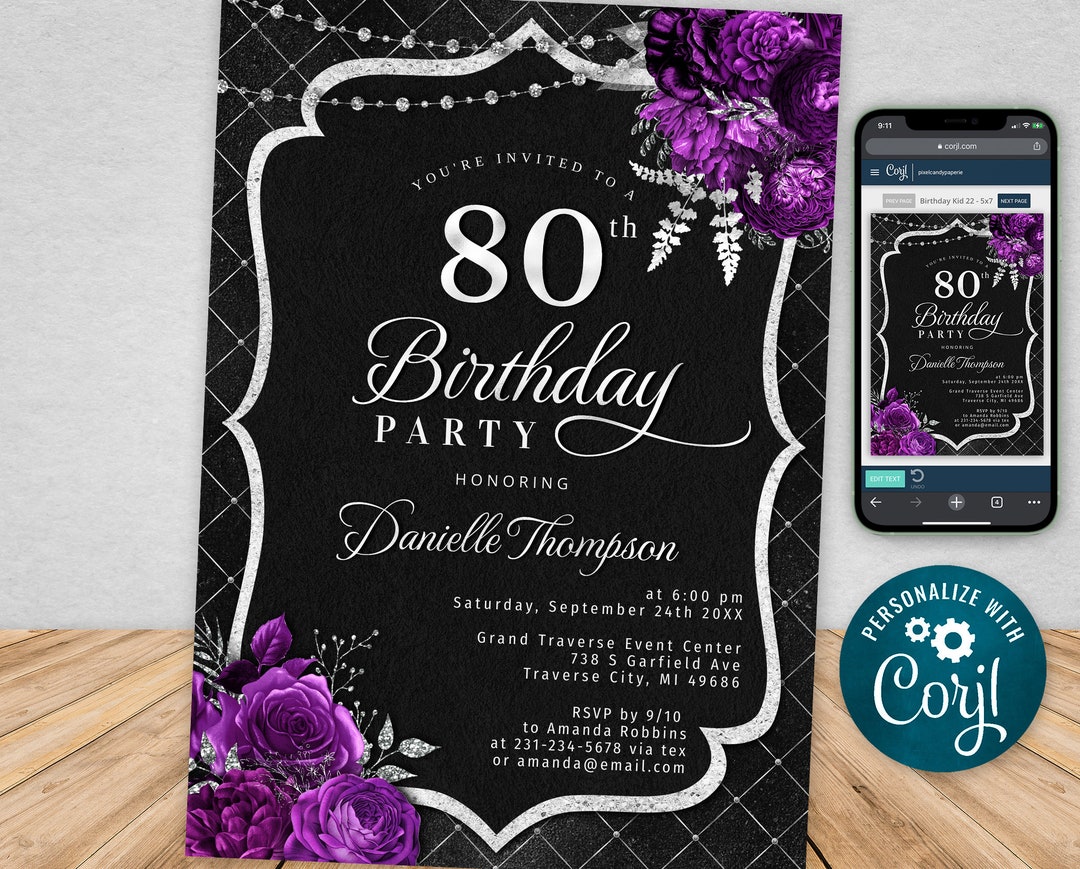80th Birthday Invitation Template - Elegant Invite - Black With Silver ...