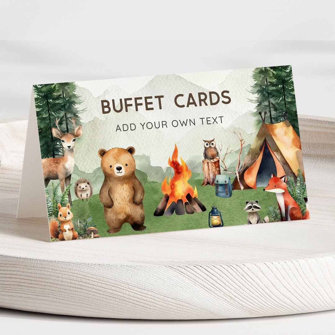 Happy Camper Birthday Food Label - Buffet Card - Tent Card - Woodland ...