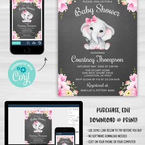 Pink Girl Elephant Baby Shower Invitation Set Diaper Raffle - Etsy