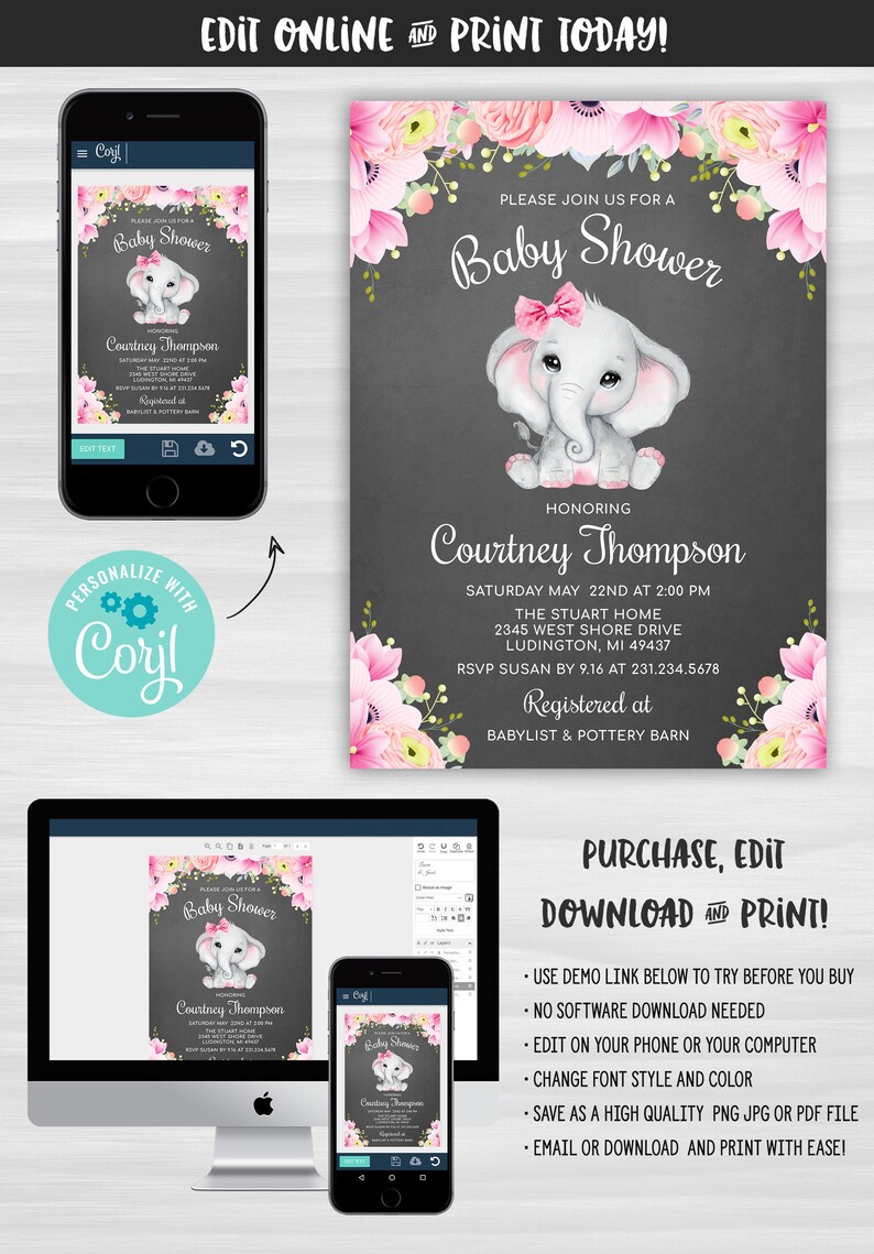 Pink Girl Elephant Baby Shower Invitation Set Diaper Raffle | Etsy