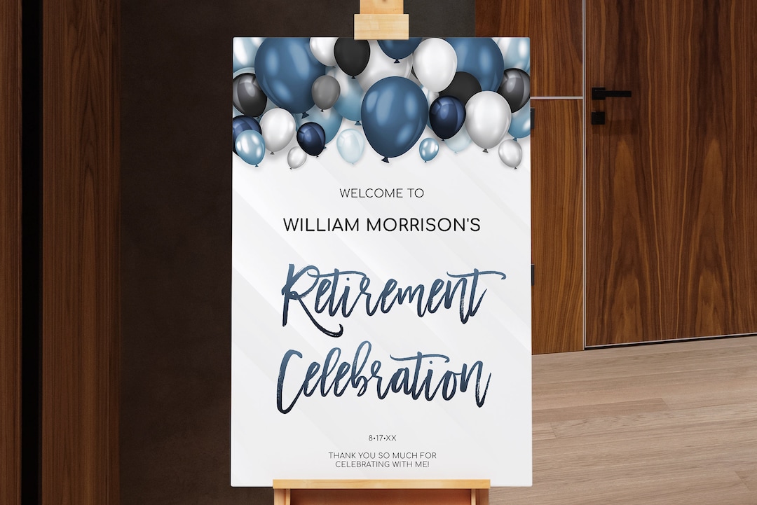 Retirement Sign - Retirement Welcome Sign - Elegant Blue White Black ...