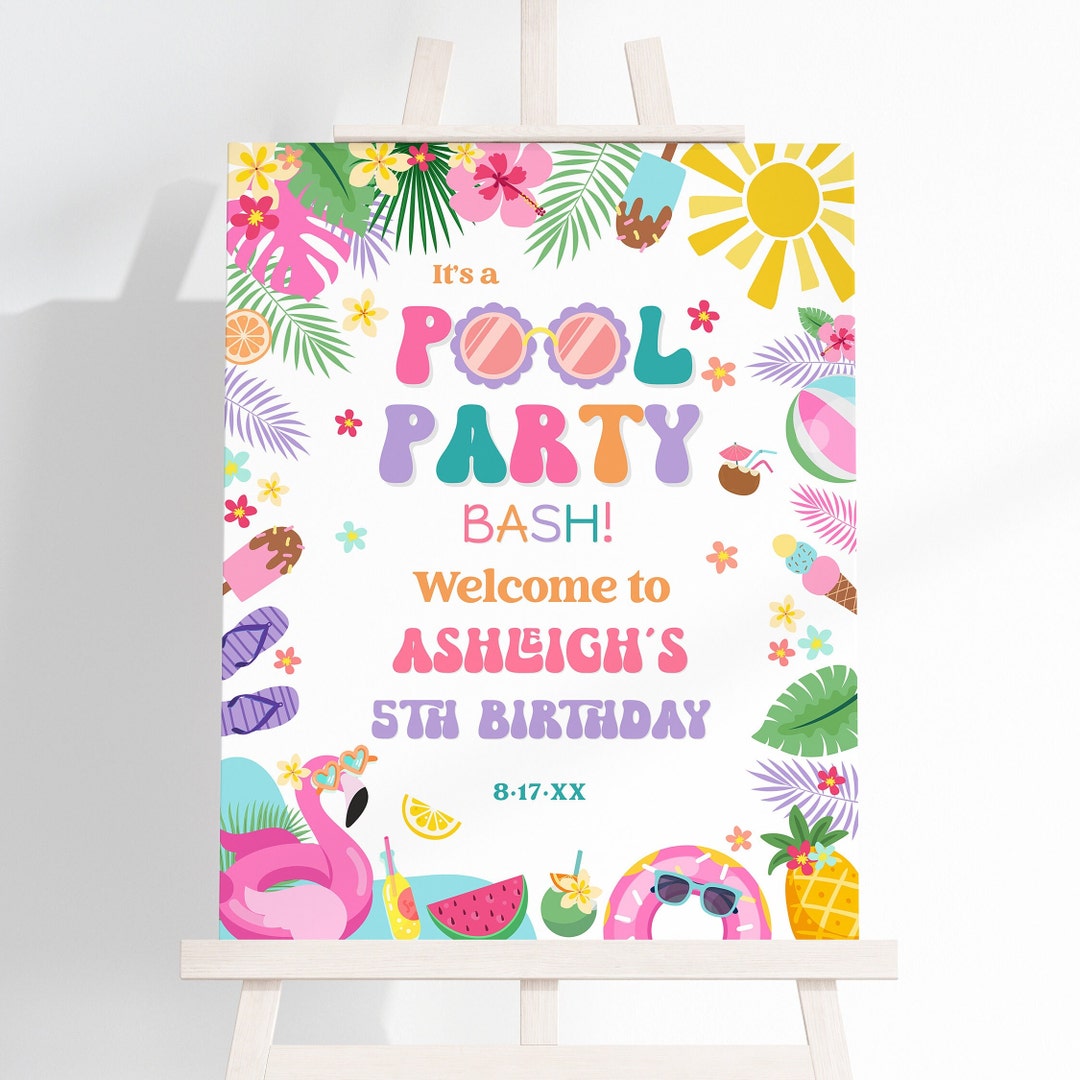 Editable Pool Party Welcome Tropical Theme Summer Birthday Swimming ...