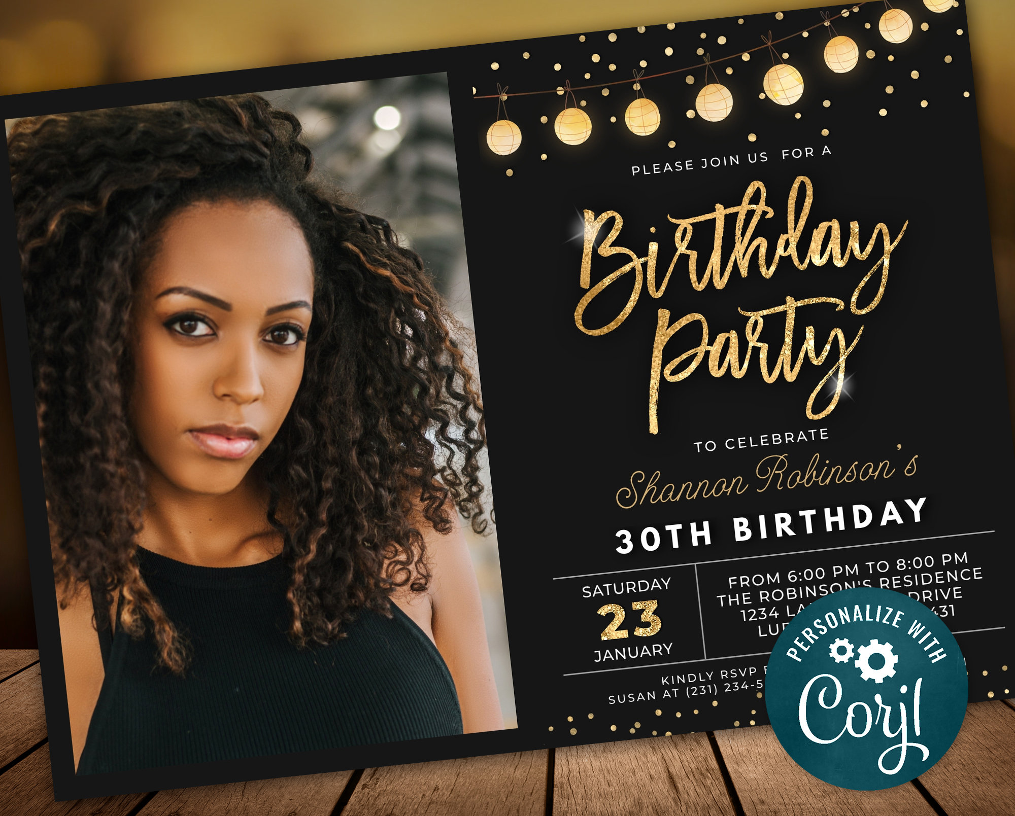 Birthday Party Photo Invitation Elegant Invite Black and Gold | Etsy