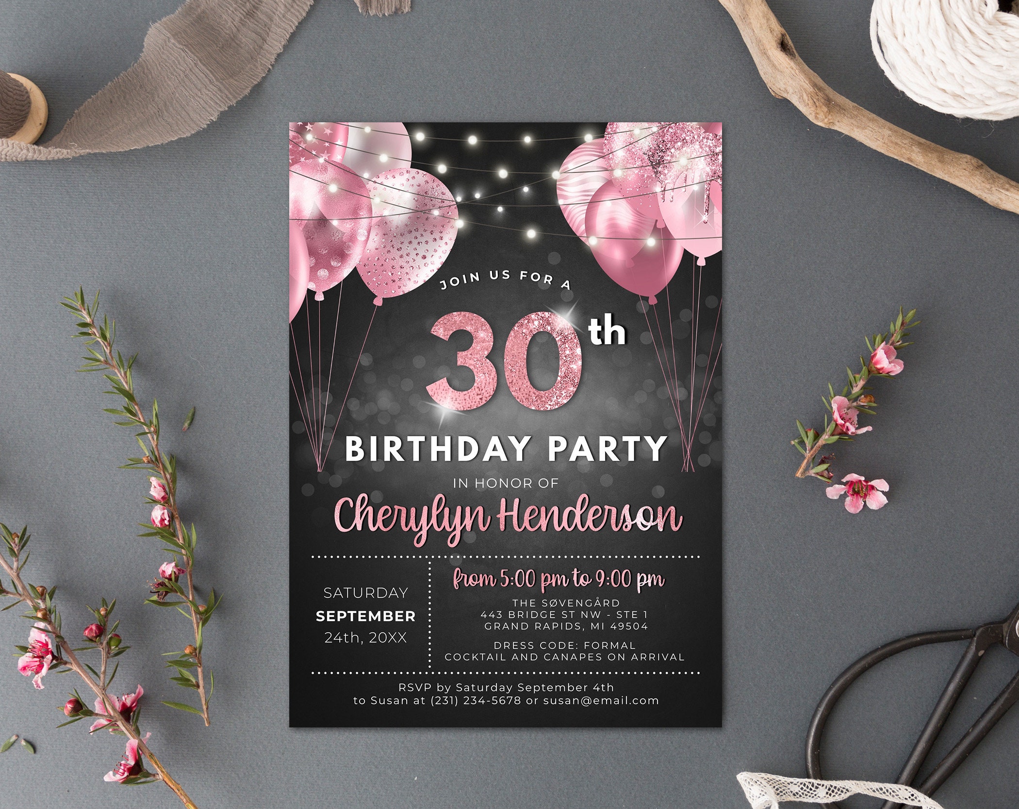 30th Birthday Invitation THIRTY Party Black Pink Glitter Sparkle ...