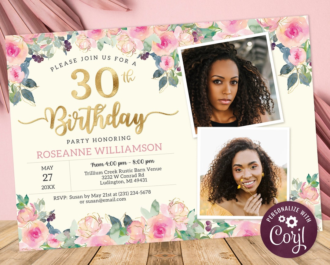 30th Birthday 2 Photo Invitation Adult THIRTY Birthday Invite Gold ...