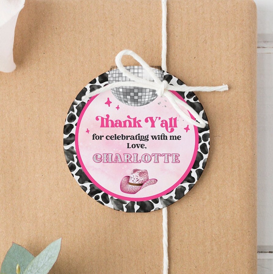 Editable Space Cowgirl Birthday Favor Tags Template - Pink Disco ...