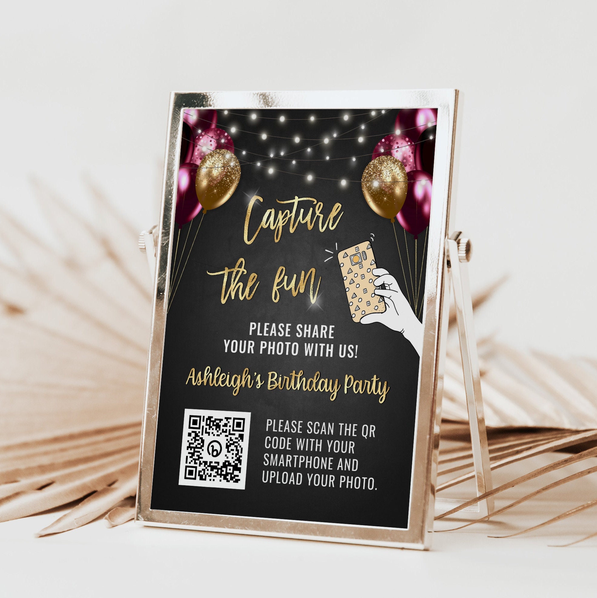 Burgundy and Gold Birthday QR Code Sign Template Capture the - Etsy