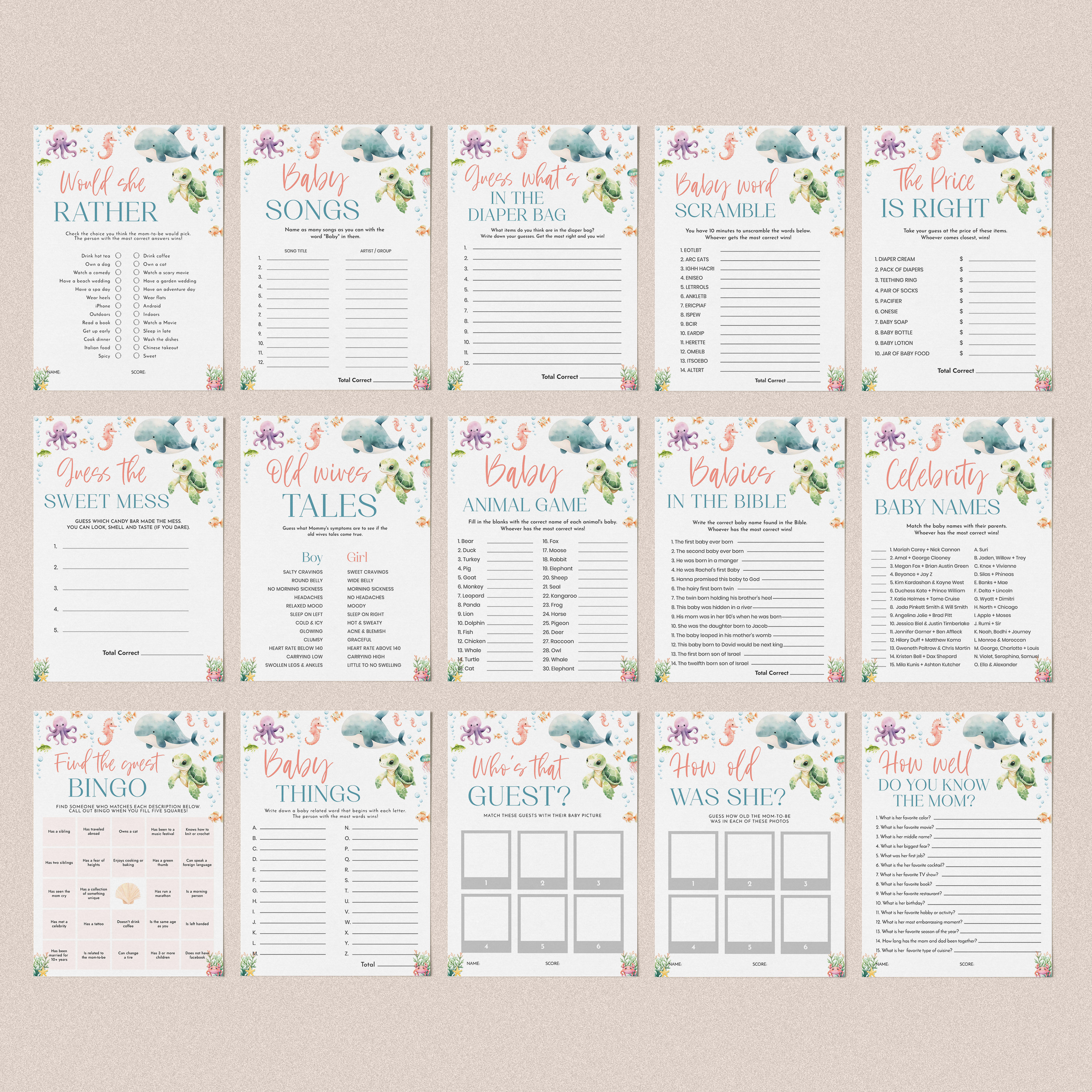 Under the Sea Baby Shower Games Bundle - Gender Neutral Baby Shower ...