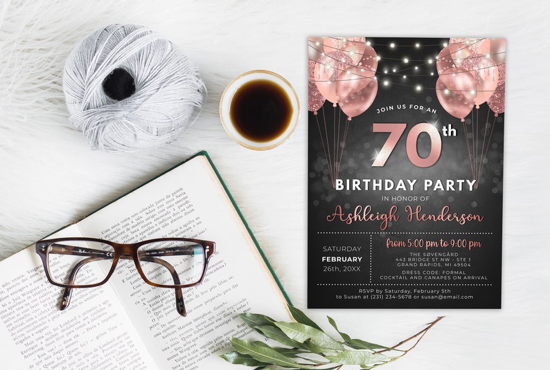 70th Birthday Invitation Editable Rose Gold And Black With Etsy