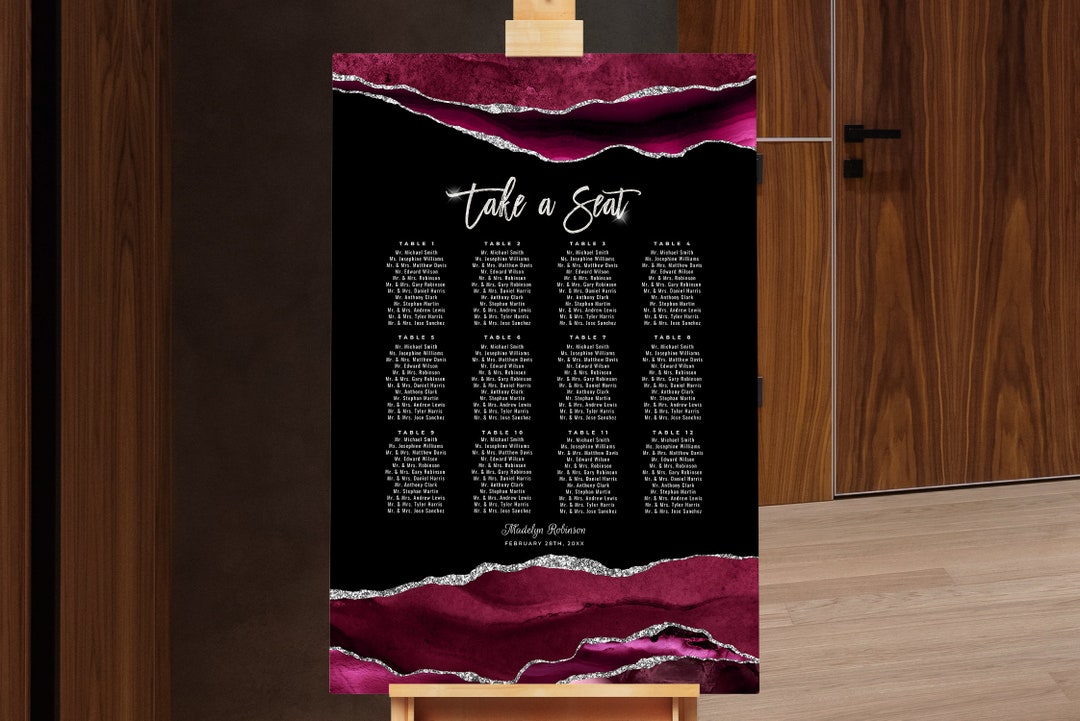 Birthday Seating Chart Black Burgundy and Silver Glitter Party Seating ...