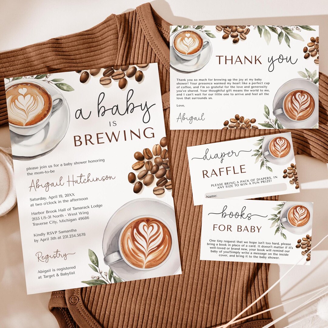 Coffee Baby Shower Invitation Suite - A Baby is Brewing - Gender ...