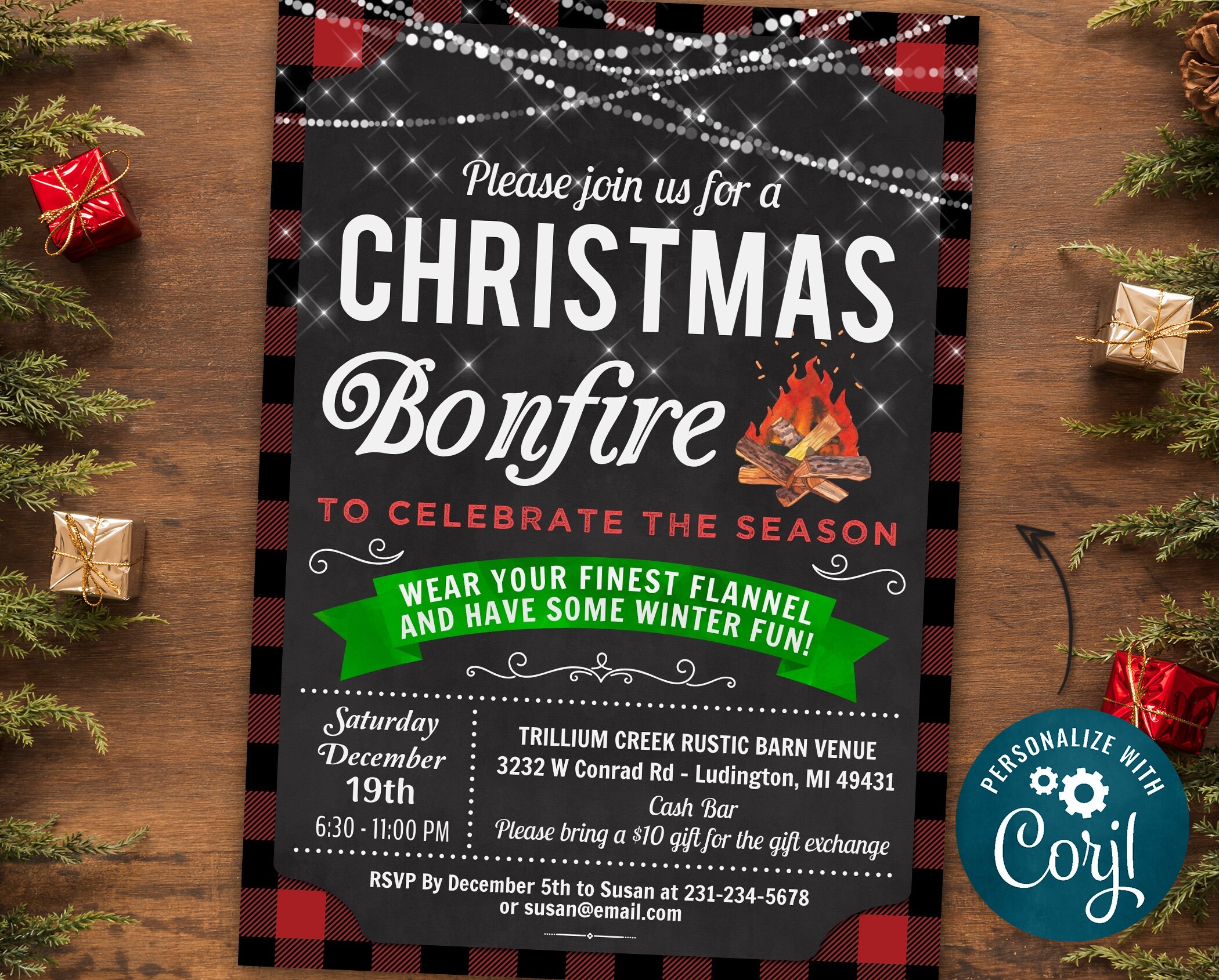 Christmas Bonfire Invitation, Flannel Christmas Party Invite, Holiday ...