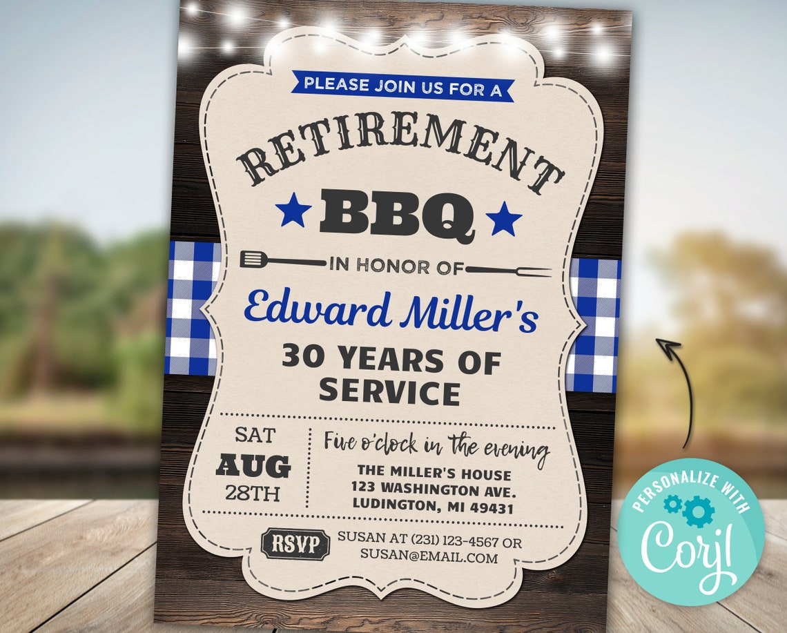 Retirement BBQ Invitation Party Invite Retire Rustic Blue Tablecloth ...