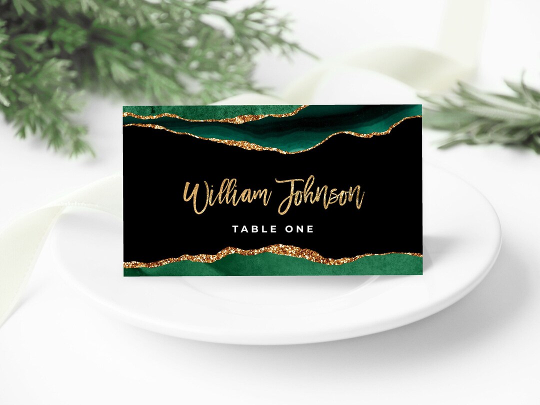 Emerald Green and Gold Place Card Template - Editable Tent Card ...