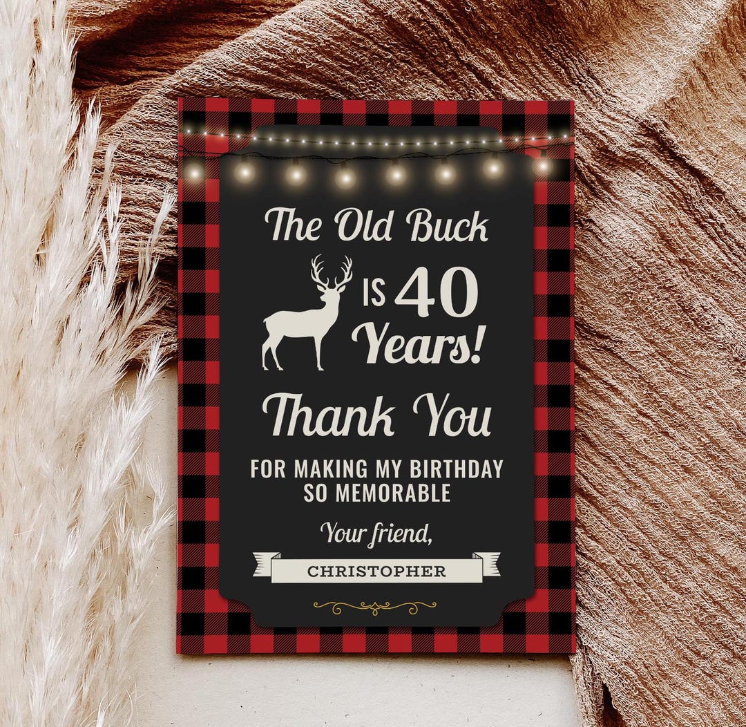 Old Buck Birthday Thank You Card Template - Buffalo Plaid Deer Hunting ...