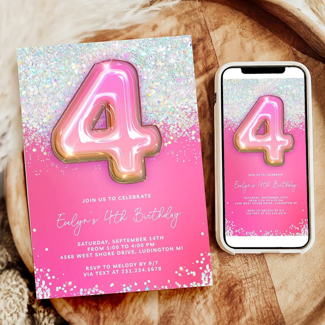 Editable Pink 4th Birthday Invitation Template Pink Glitter Birthday ...